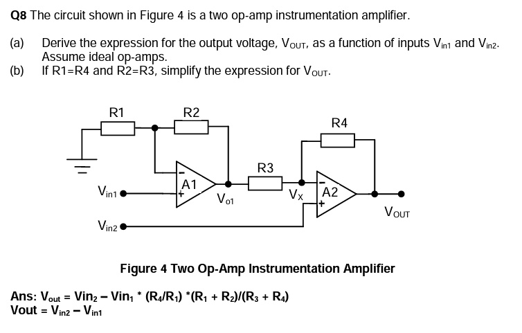 SOLVED: Q8 The circuit shown in Figure 4 is a two op-amp instrumentation amplifier (a) Derive ...