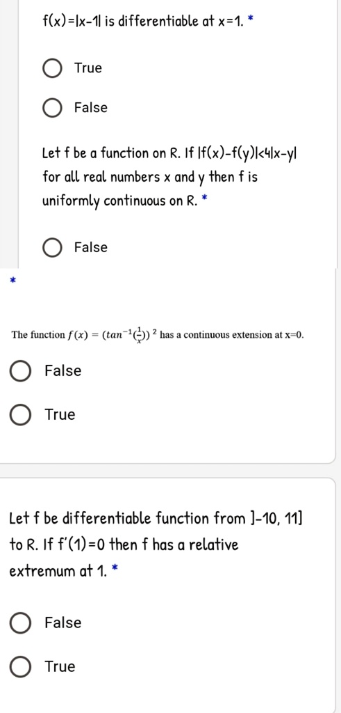 Solved F X Ix I Is Differentiable At X 1 True False Let F Be A