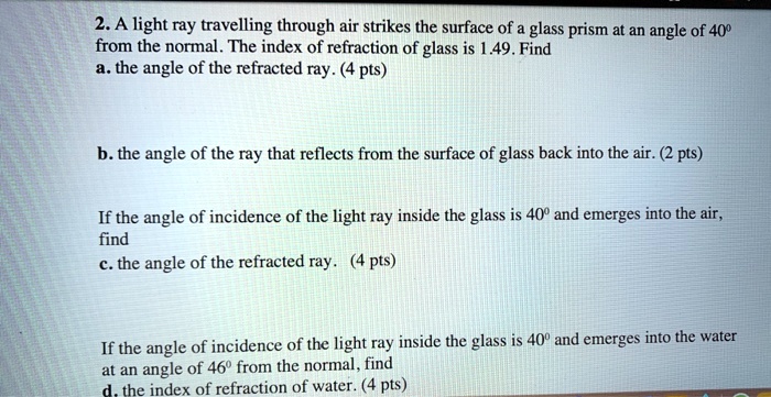 SOLVED: A light ray traveling through air strikes the surface of a glass prism at an angle of ...