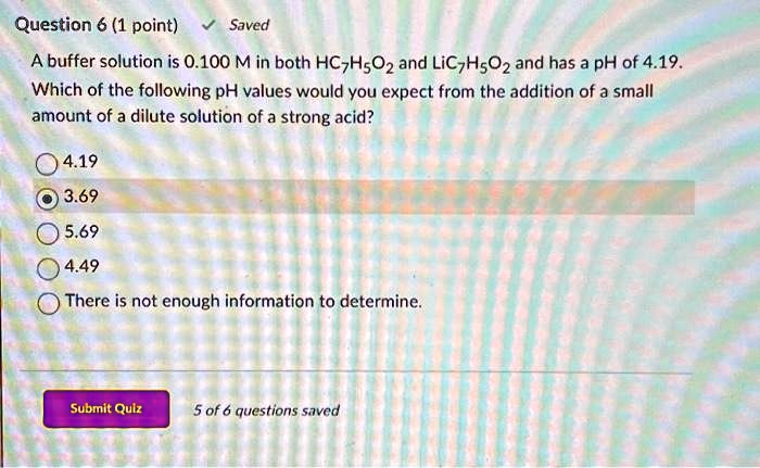 SOLVED: A buffer solution is 0.100 M in both HCHO2 and LiCHO2 and has a pH of 4.19. Which of the ...