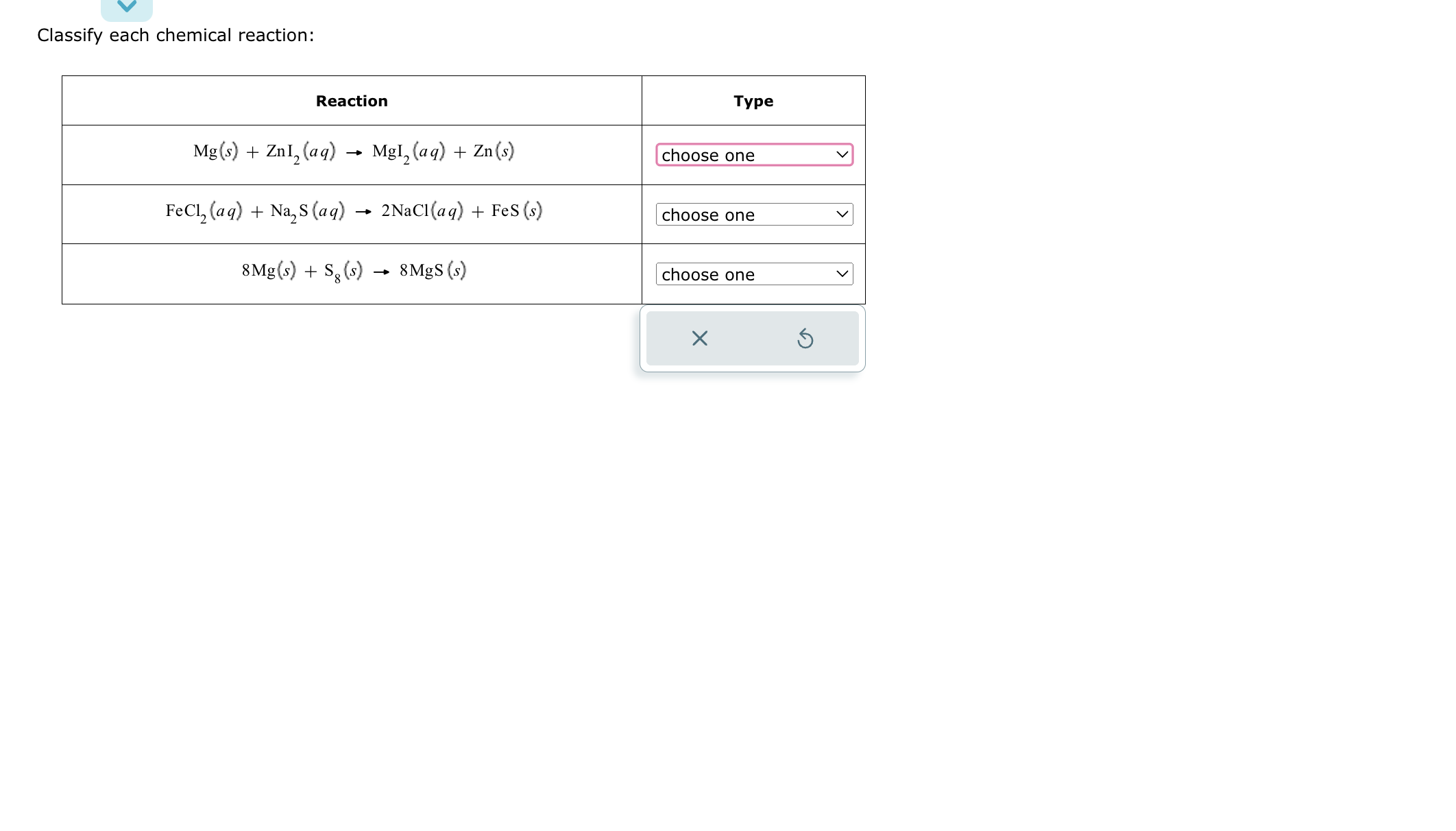 Solved Classify Each Chemical Reaction 1 C Reaction 1c Type Mg S