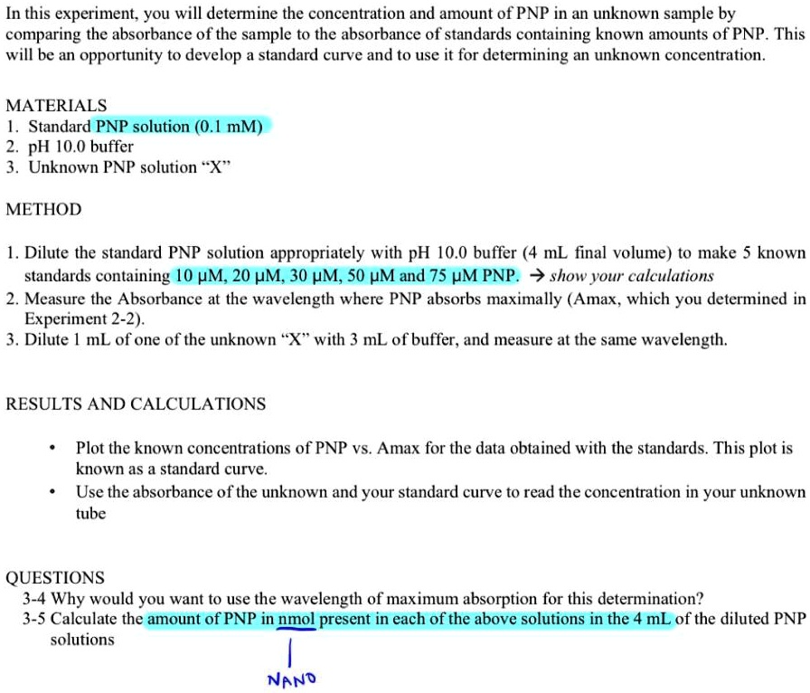 In this experiment, you will determine the concentration and amount of PNP in an unknown sample ...