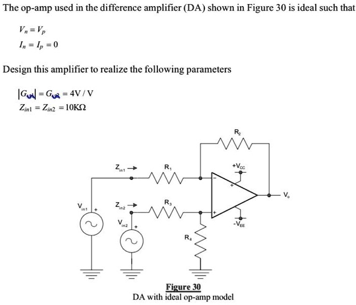 SOLVED: The op-amp used in the difference amplifier (DA) shown in Figure 30 is ideal, such that ...
