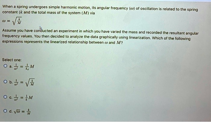 SOLVED:When spring undergoes simple harmonic motion, its angular frequency (@) oscillation is ...