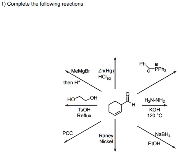 SOLVED: Complete the following reactions: Ph MeMgBr Zn(Hg) HCl(aq) then H2O PPh3 HO- OH- H2N-NH2 ...