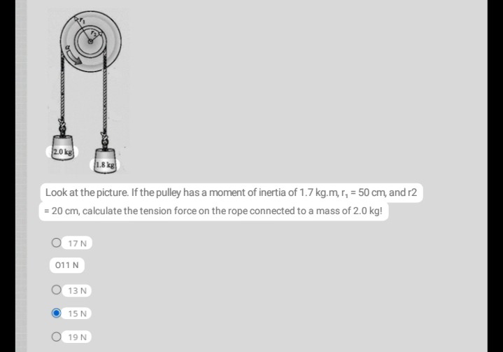 Look at the picture. If the pulley has a moment of inertia of 1.7 kg·m ...