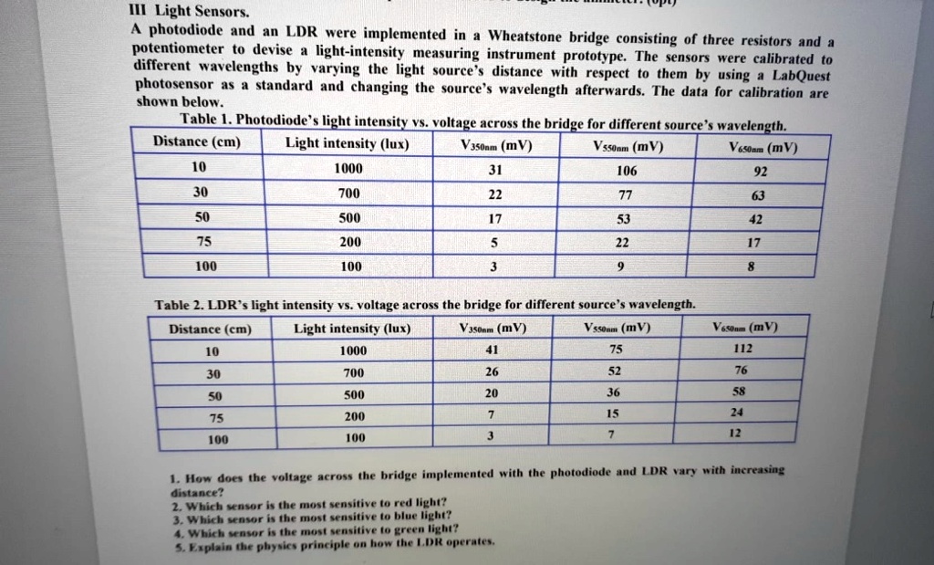 SOLVED: Texts: III Light Sensors. A photodiode and an LDR were ...