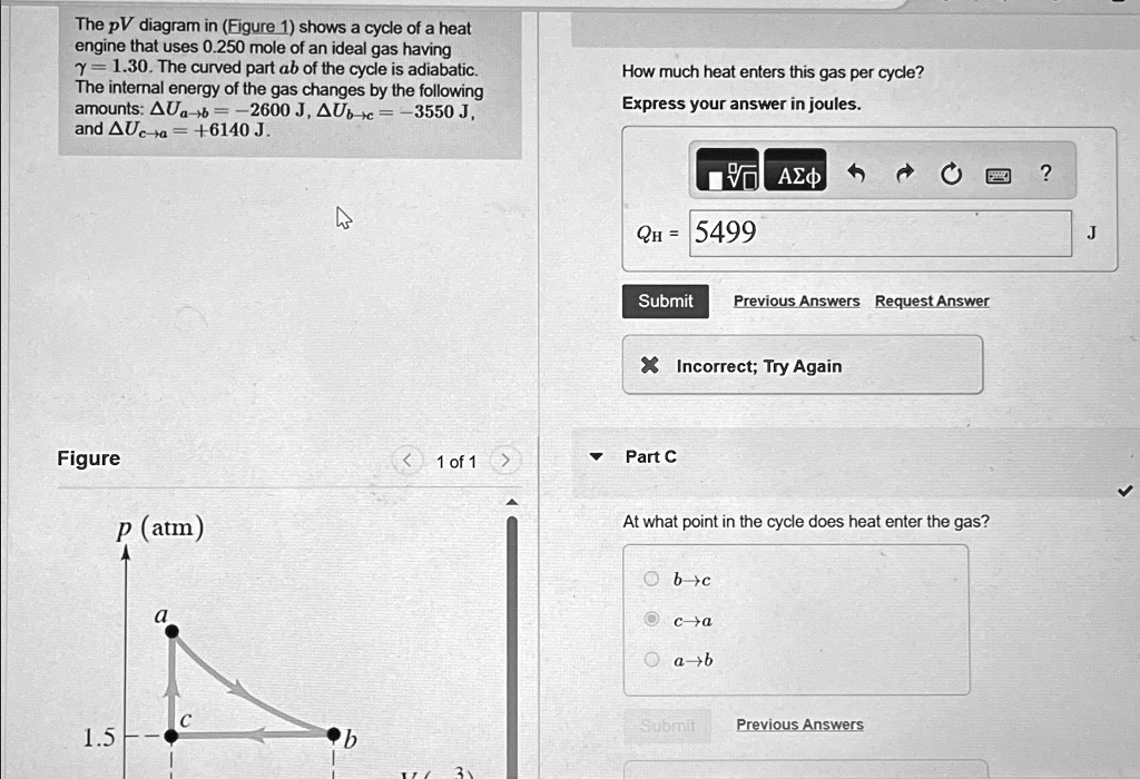 The pV diagram in (Figure 1) shows a cycle of a heat engine that uses 0 ...