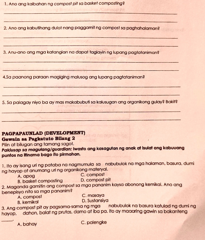 SOLVED: epp subject po pasagot po 1. Ano ang kaibahan ng compost pit sa ...