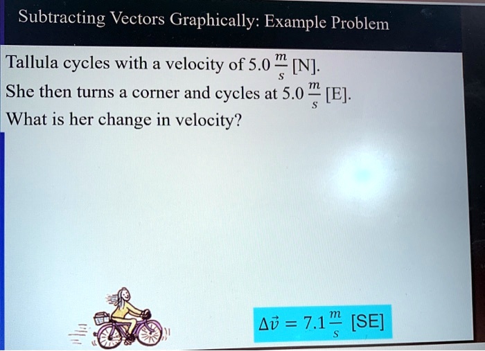 SOLVED: Subtracting Vectors Graphically: Example Problem Tallula cycles with a velocity of 5.0 m ...