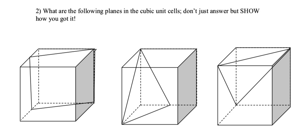 2) What are the following planes in the cubic unit cells; don't just answer but SHOW how you got it!