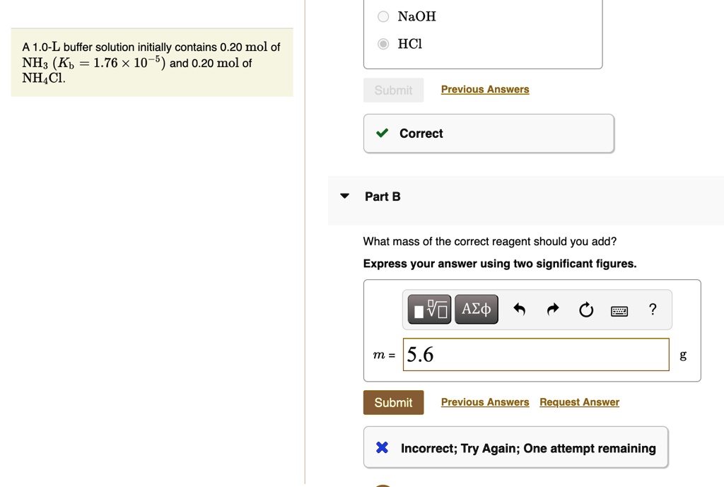 naoh a 10 l buffer solution initially contains 020 mol of nh3 kp 176 x 10 5 and 020 mol of nh4cl ...