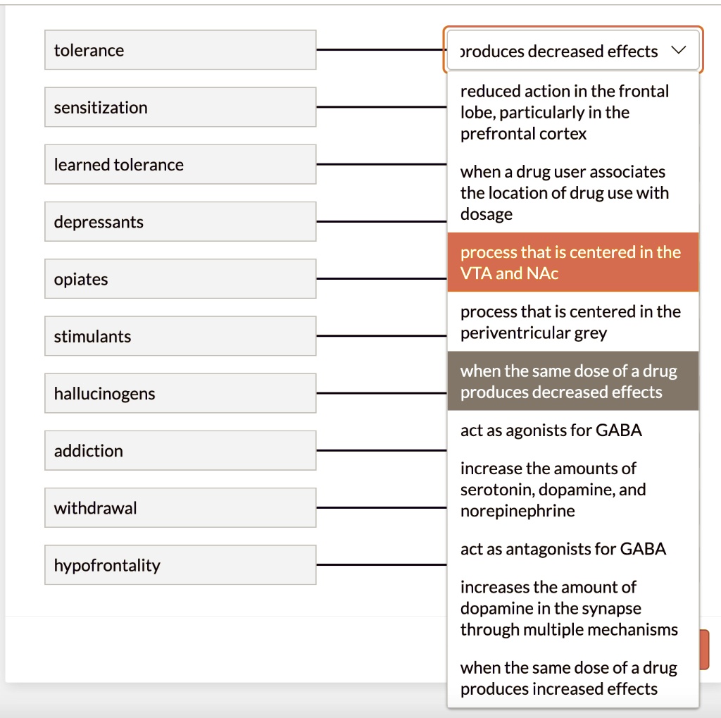 SOLVED: Tolerance produces decreased effects, reduced action in the ...