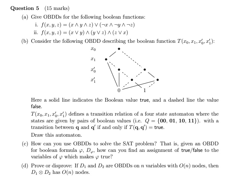 Question 5 (15 marks) (a) Give OBDDs for the following boolean ...