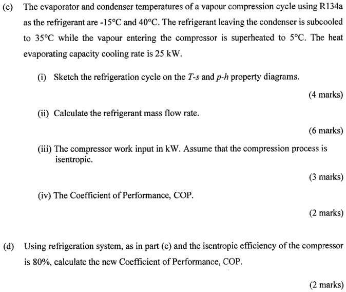 (c) The evaporator and condenser temperatures of a vapour...