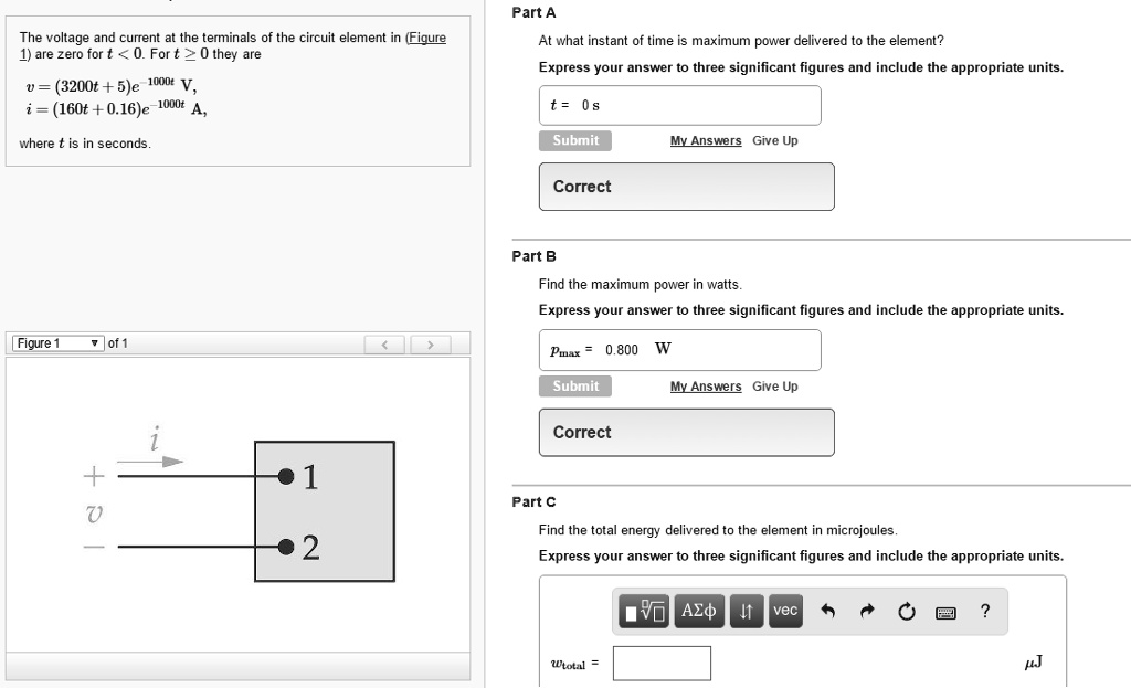 SOLVED: The voltage and current at the terminals of the circuit element ...