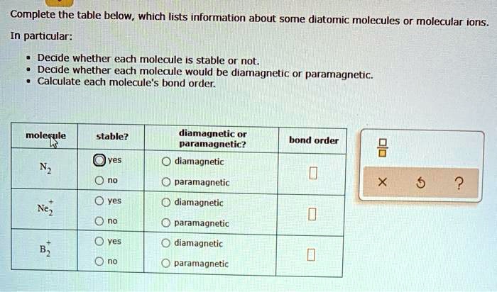 Complete the table below, which lists information about some diatomic molecules or molecular ...
