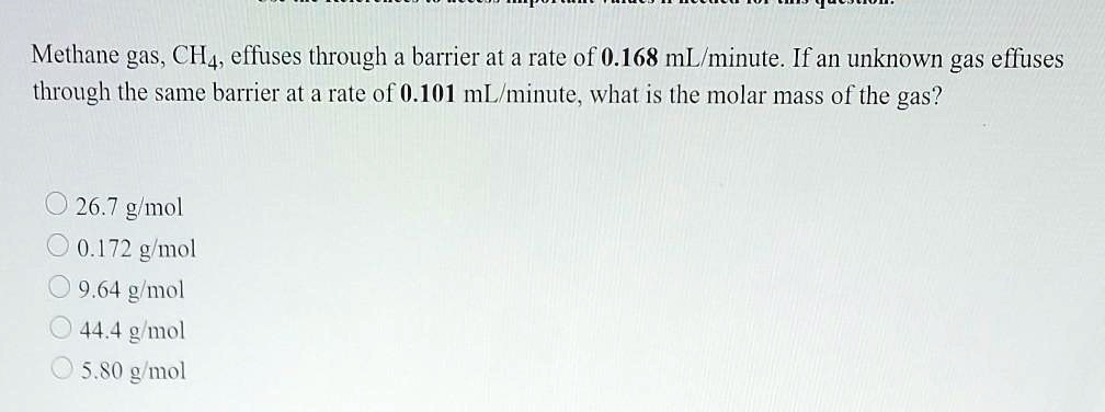 SOLVED: Methane gas, CH4, effuses through a barrier at a rate of 0.168 ... SOLVED: Methane gas, CH4, effuses through a barrier at a rate of 0.168 ...