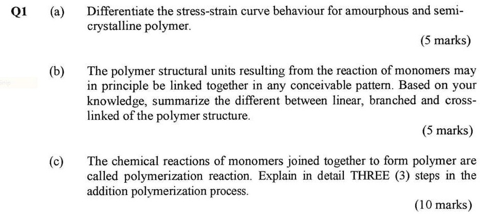 SOLVED: (a) Differentiate the stress-strain curve behavior for amorphous and semi-crystalline ...