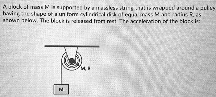 SOLVED: A block of mass M is supported by a massless string that is wrapped around a pulley ...