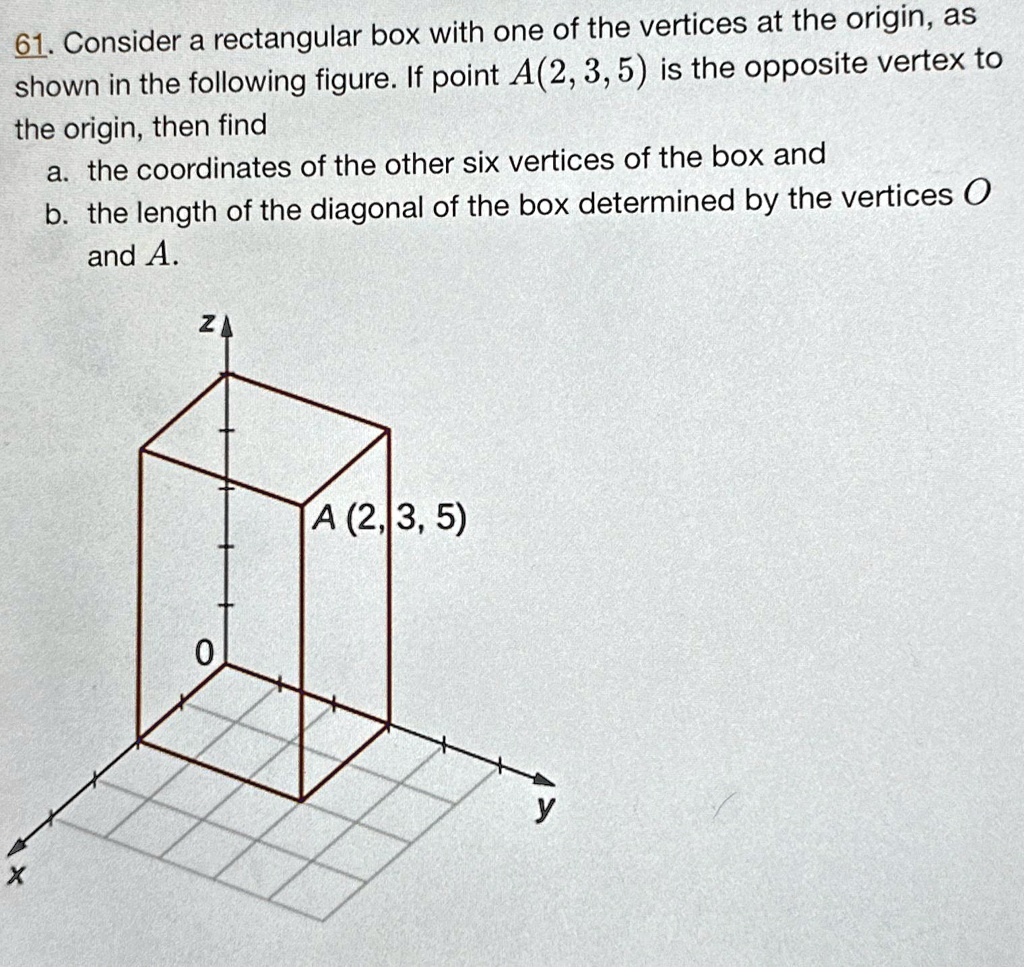 Consider a rectangular box with one of the vertices at the origin, as shown in the following ...