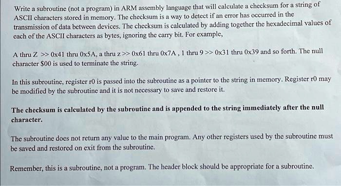 Solved Checksum For String Write Subroutine In Arm Assembly Language This Subroutine Calculates