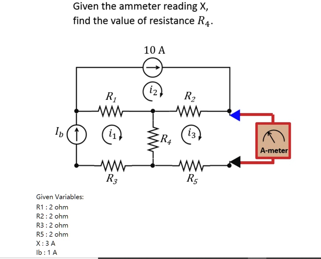 SOLVED: Given the ammeter reading X, find the value of resistance R4. 10 A R1 WWM ? R2 Ip 13 A ...