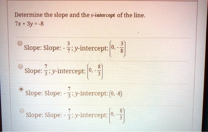 Determine the slope and the y-intercept of the line. 7x + 3y...