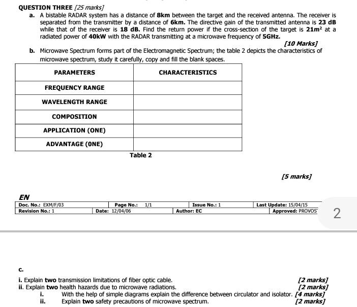 SOLVED: Microwave Devices QUESTION THREE/25 marks a. A bistable RADAR system has a distance of 8 ...