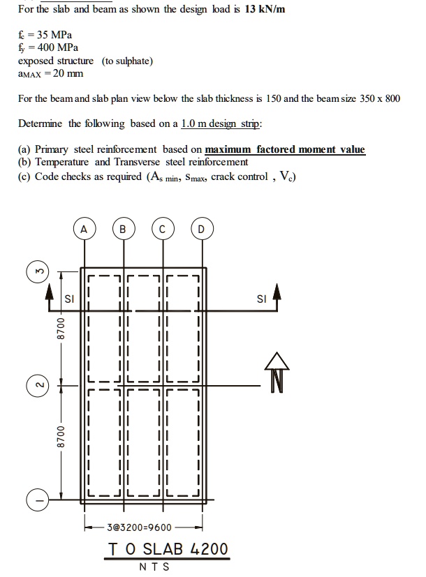 For the slab and beam as shown the design load is 13 kN/m fc = 35 MPa ...