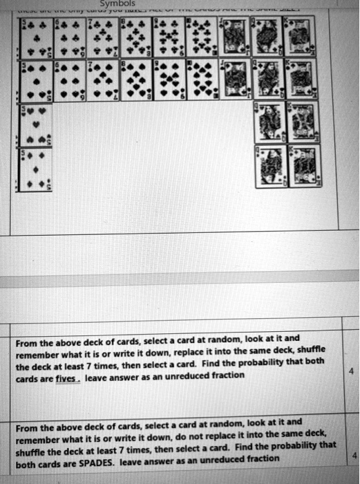 SOLVED:Symbols above - deck of cards, select card at random; look atIt ...