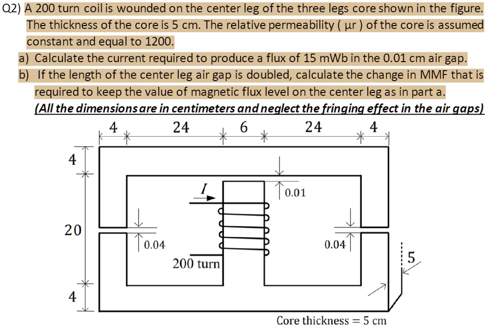 SOLVED: Q2) A 200-turn coil is wound on the center leg of the three ...