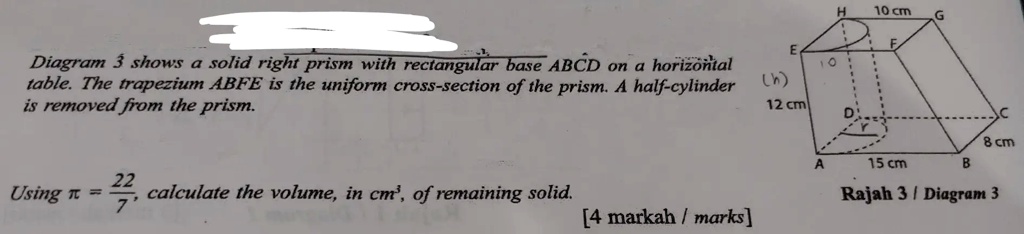 Diagram 3 shows a solid right prism with rectangular base ABCD on a horizontal table. The ...