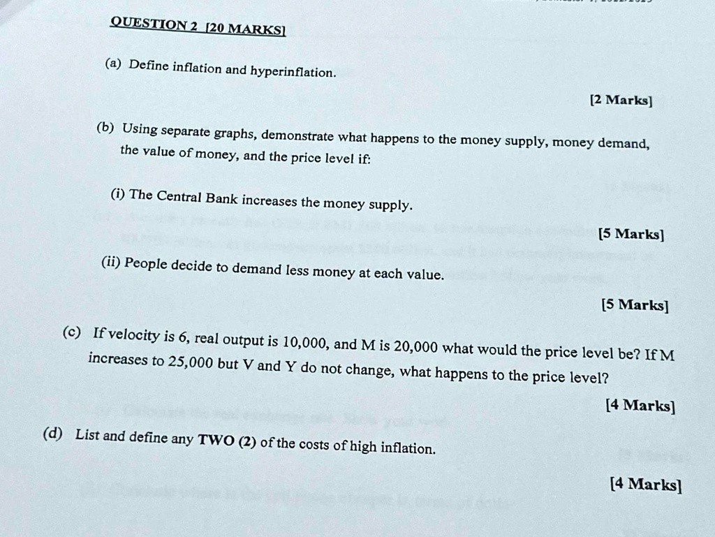SOLVED: Question 2 [20 Marks] (a) Define inflation and hyperinflation ...