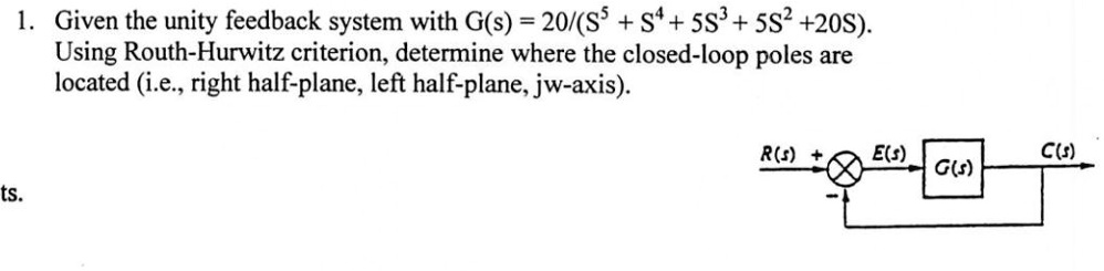 SOLVED: Given the unity feedback system with G(s) = 20/(s^5 + s^4 + 5s^3 + 5s^2 + 20s). Using ...