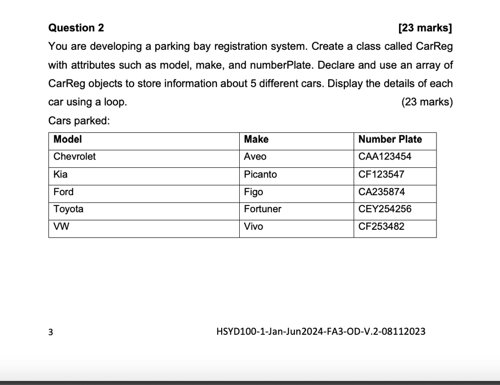 Question 2 [23 marks] You are developing a parking bay registration system. Create a class ...