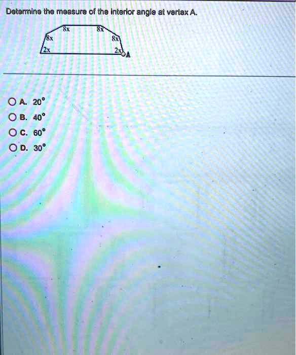 Determine the measure of the interior angle at vertex A.