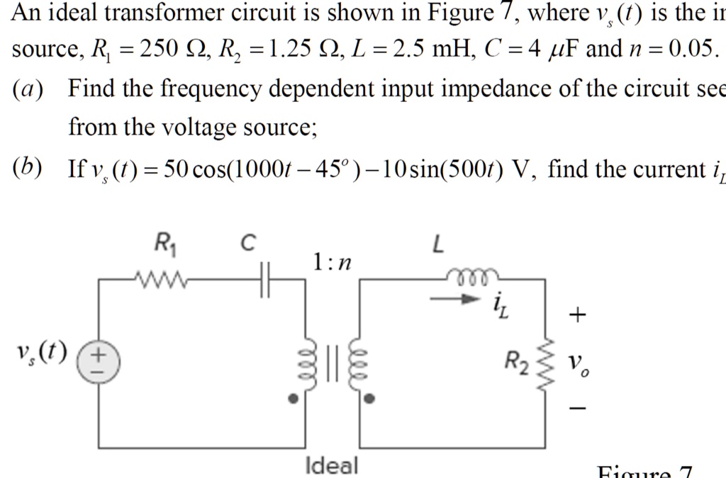SOLVED: An ideal transformer circuit is shown in Figure 7, where v.(t) is the i source,R =250 Q ...