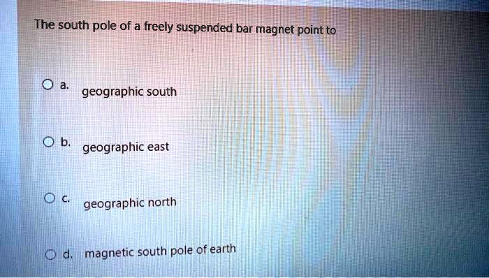 the south pole of a freely suspended bar magnet point to geographic ...