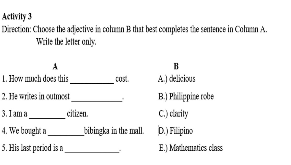 SOLVED: ENGLISH GRADE 5 QUARTER 2 WEEK 3 ANSWER THE FOLLOWING Activity ...