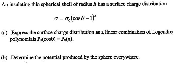 An insulating thin spherical shell of radius R has a surface charge distribution σ = σ0 (cosθ ...