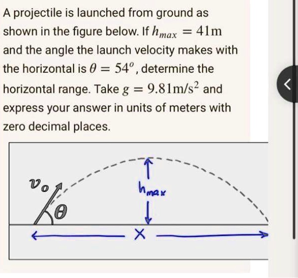 SOLVED: A projectile is launched from the ground as shown in the figure below. If hmax = 41m and ...