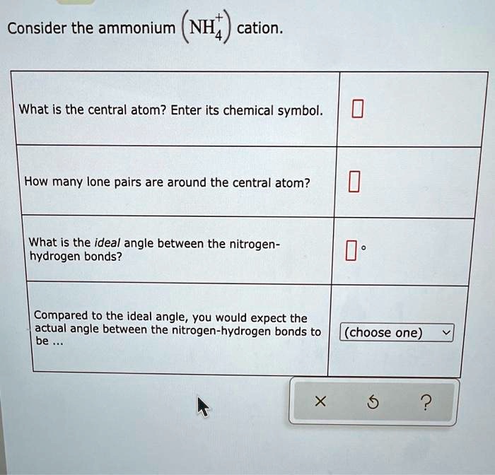 Consider the ammonium (NH4^+) cation. What is the central atom? Enter ...
