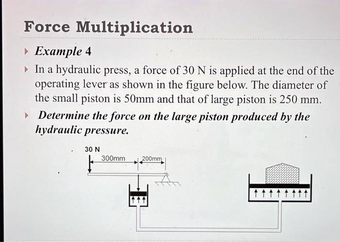 SOLVED: Force Multiplication Example 4: In a hydraulic press, a force of 30 N is applied at the ...
