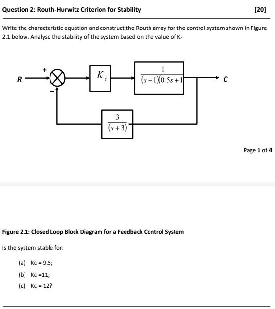 SOLVED: The system is a closed loop. Question 2: Routh-Hurwitz ... SOLVED: The system is a closed loop. Question 2: Routh-Hurwitz ...