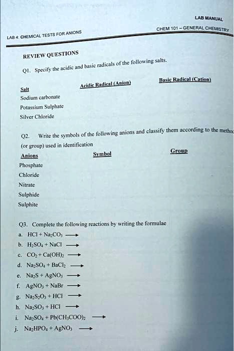 LAB MANUAL CHEM 101-GENERAL CHEMISTRY LAB 4: CHEMICAL TESTS FOR ANIONS ...
