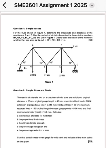 sme2601 assignment 1 2025 question 1 simple trusses for the truss shown in figure 1 determine ...
