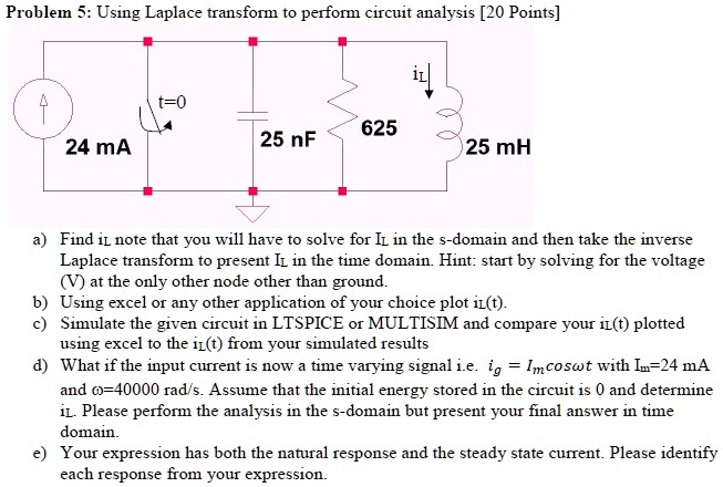 Problem 5: Using Laplace transform to perform circuit analysis [20 Points] ? it t=0 625 24 mA 25 ...