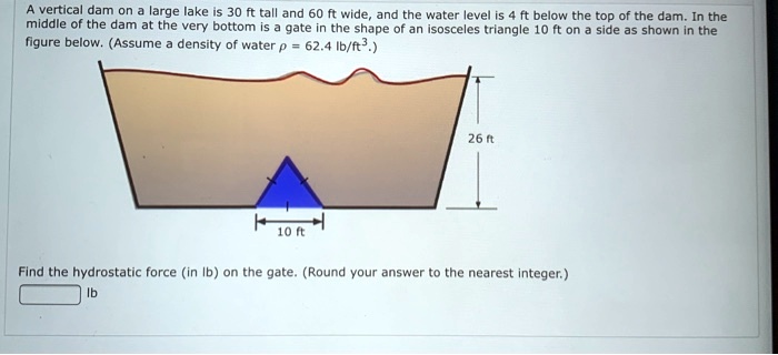 A vertical dam on a large lake is 30 ft tall and 60 ft wide, and the ...