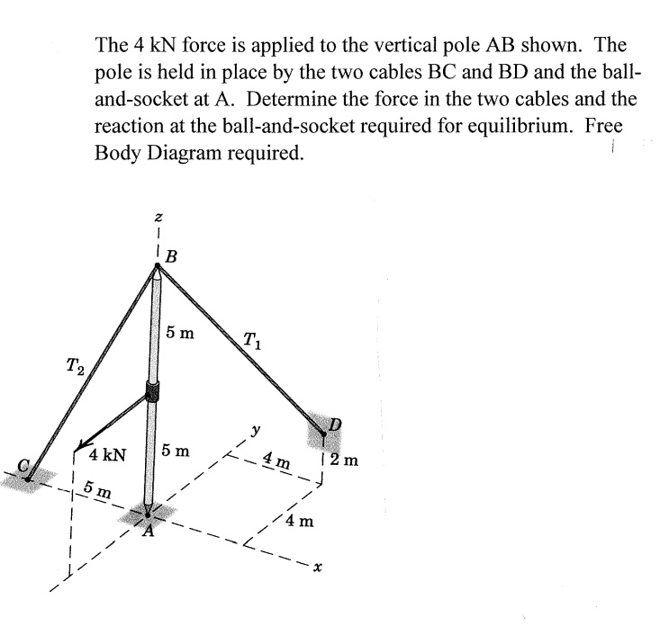 SOLVED: The 4kN force is applied to the vertical pole AB shown. The pole is held in place by the ...